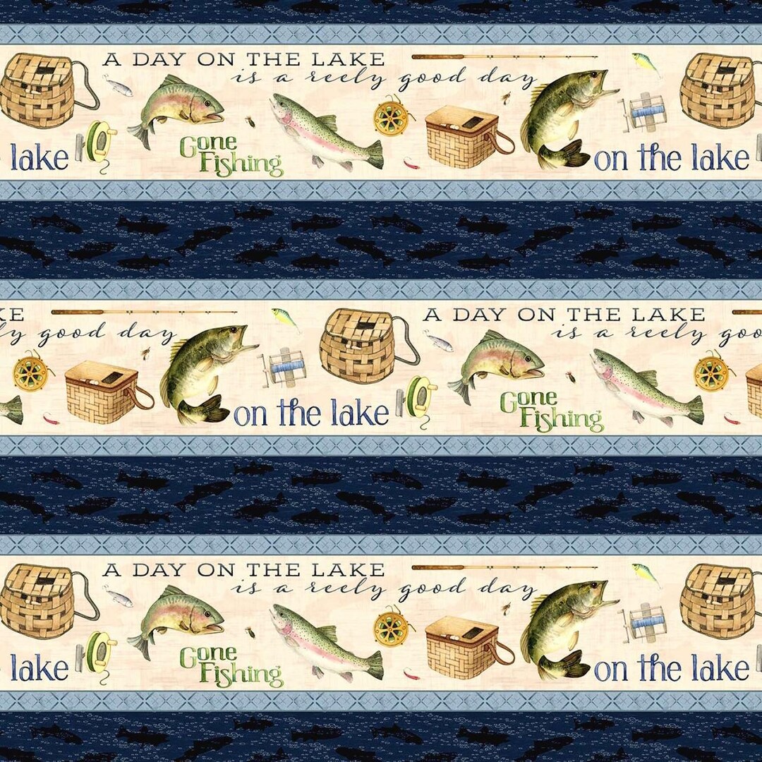 Gone Fishing Lake Fishing Border Stripe 21761-417 Cotton Quilting ...