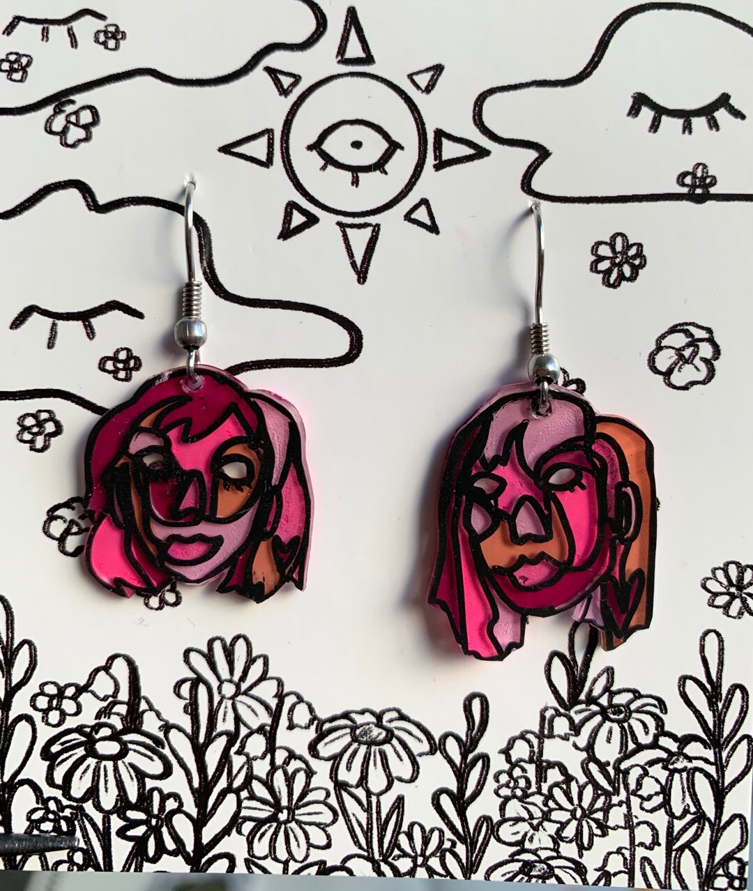 Pink Dangly One Line Drawing Face Earrings - Etsy