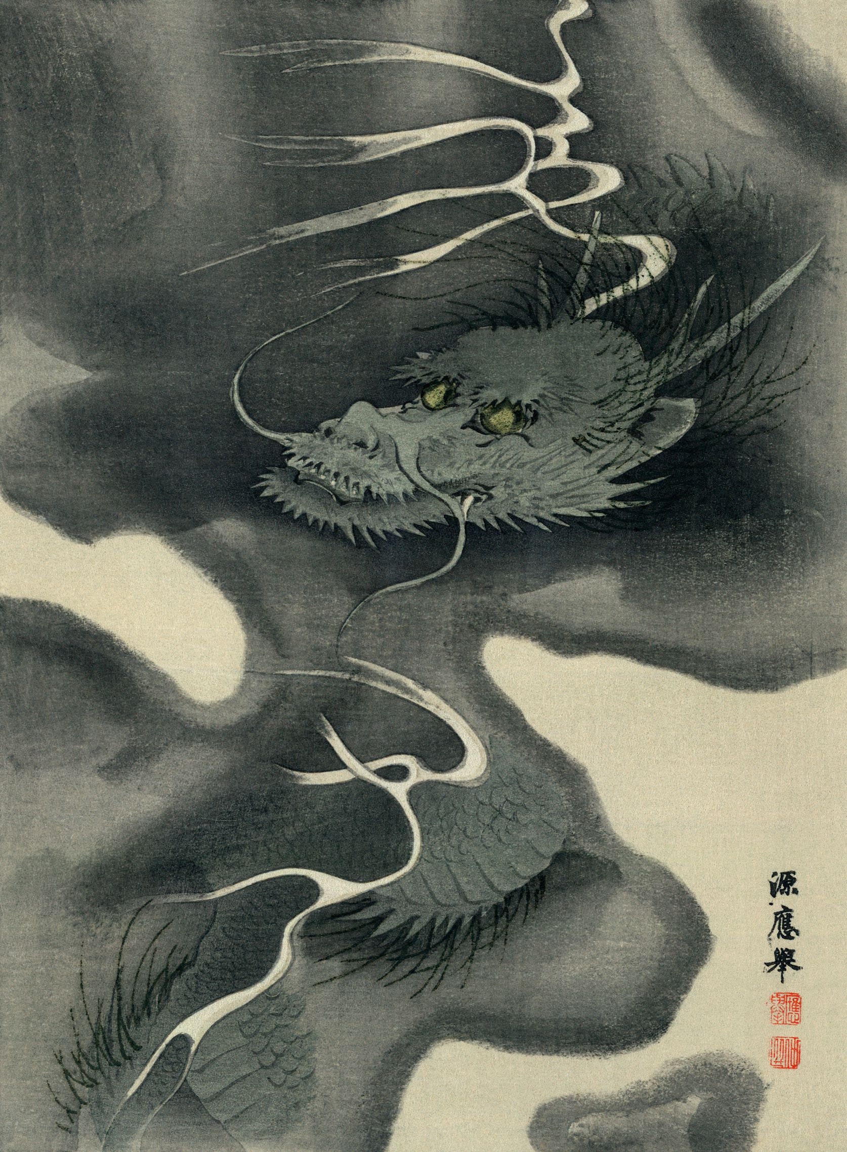 Japanese Dragon Charcoal Woodblock Poster Print, Charcoal Print ...