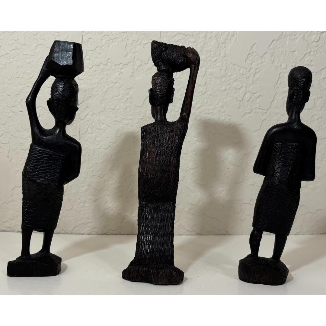 3 Vintage African Hand Carved Wooden Statues Holding Baskets Ebony Wood ...
