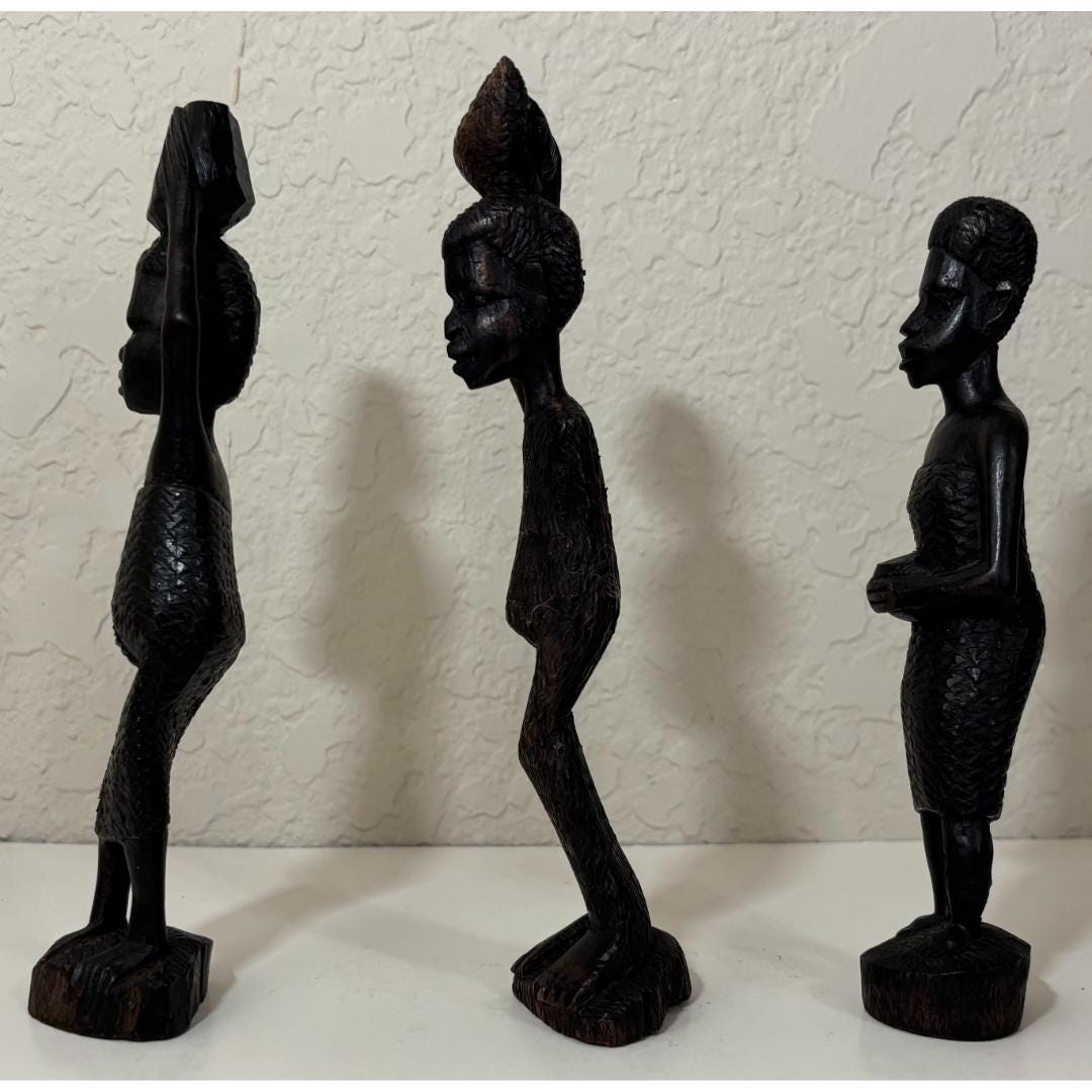 3 Vintage African Hand Carved Wooden Statues Holding Baskets Ebony Wood ...
