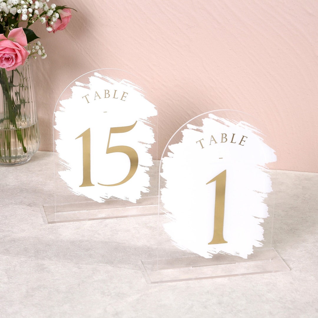 White Painted Arch Wedding Table Numbers With Stands 1-15, Gold Foil ...