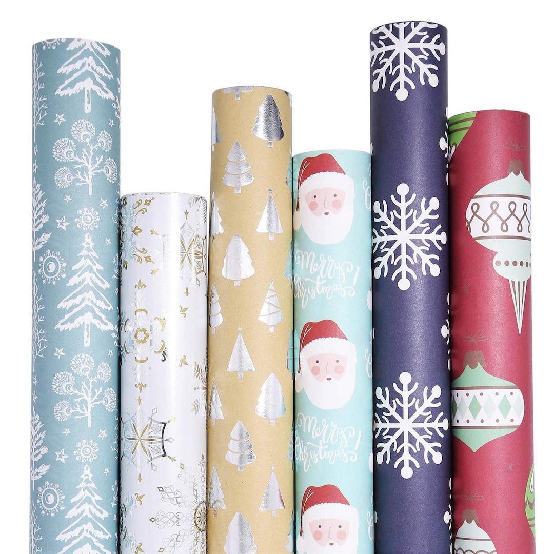 6 Festive Design Christmas Wrapping Paper Precut 18 Sheets, Blue Silver ...