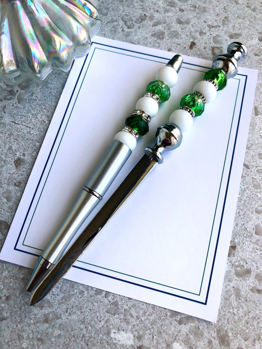 Pen and Letter Opener Set, Gift Set With Green Beaded Pen and Beaded ...