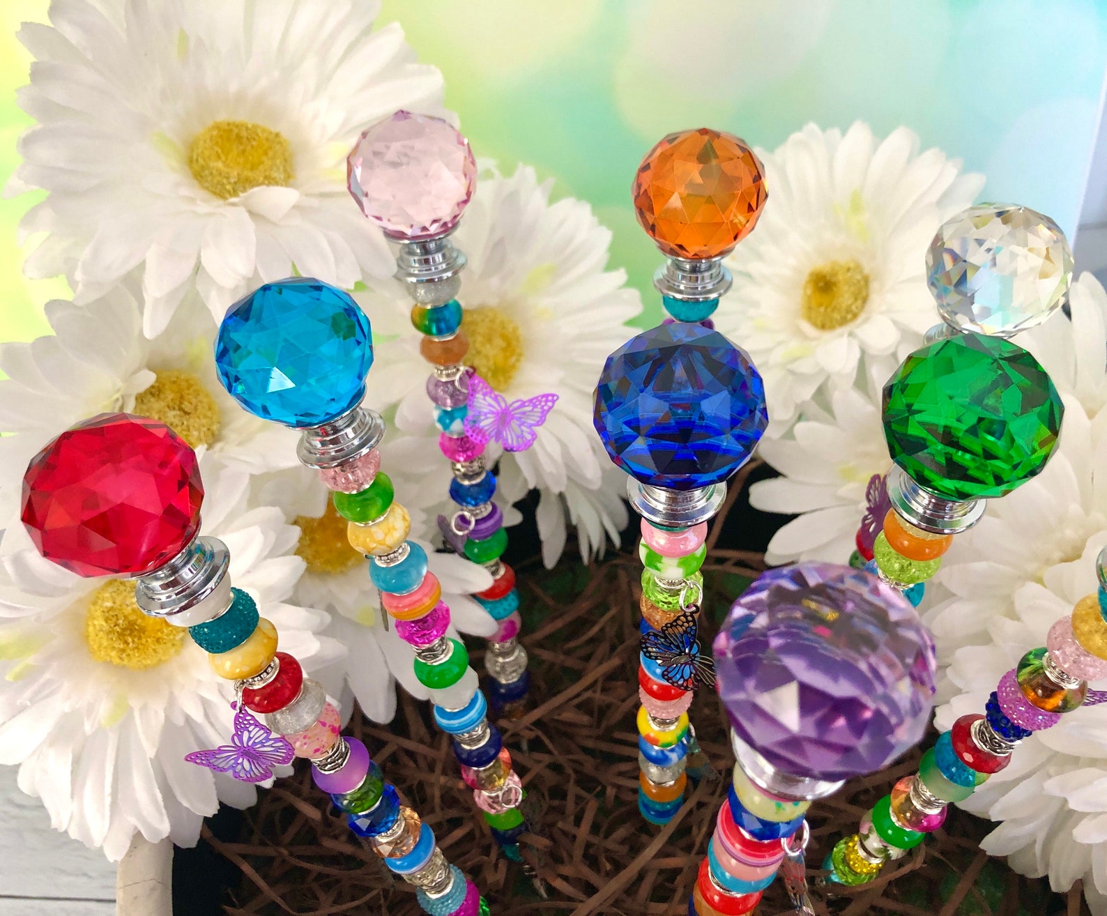 Beaded Fairy Garden Stake: Crystal Topper, Butterfly Charms - Etsy