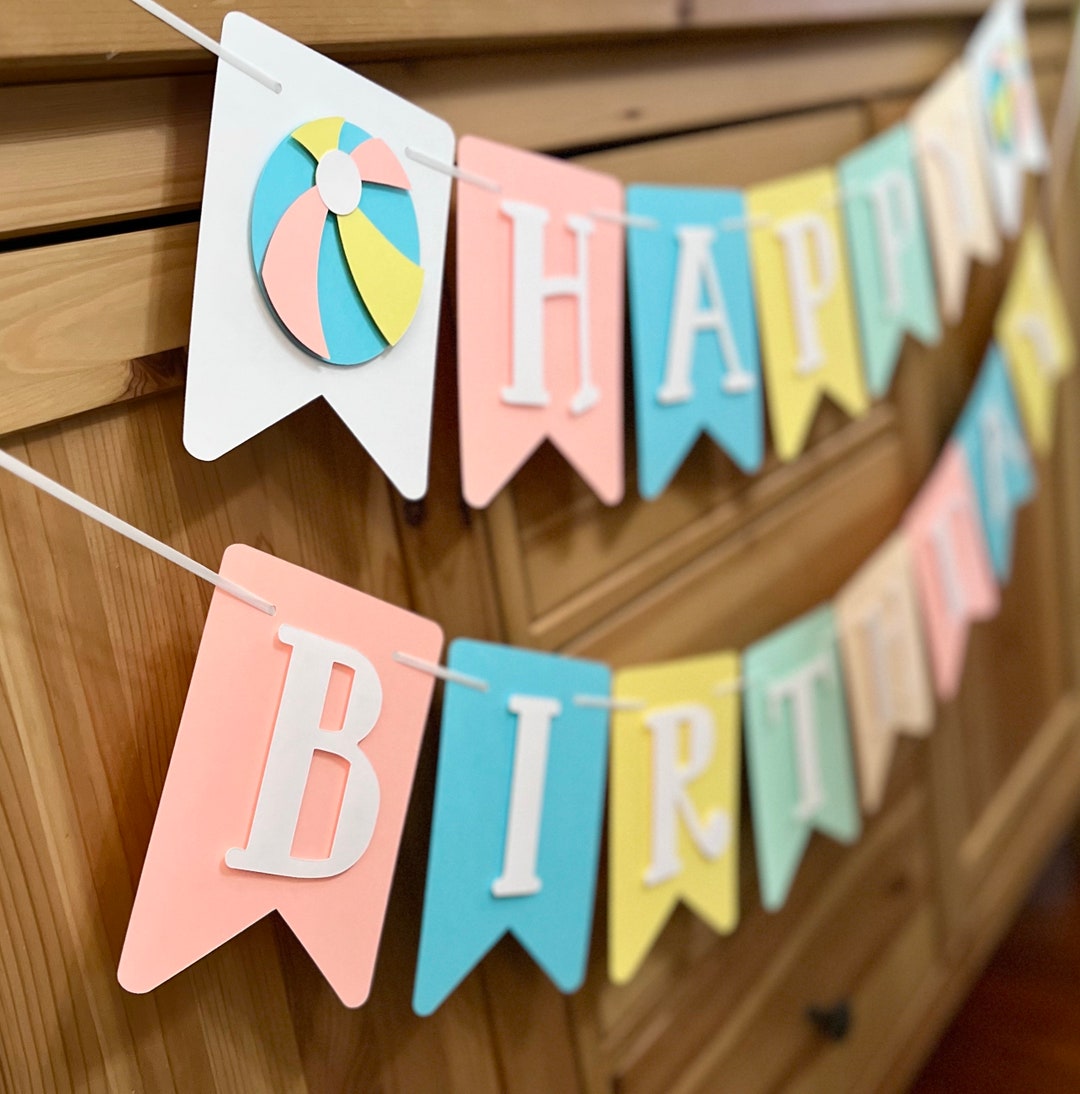 Beach Ball Birthday Banner Bright Colors Summer Fun Decorations Pool ...