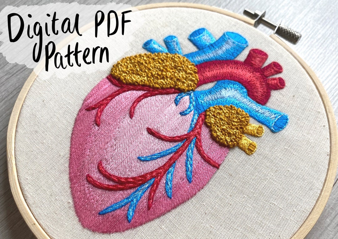 Anatomical Heart Embroidery Pattern - DIY Digital PDF Download. 3" 4" 5 ...