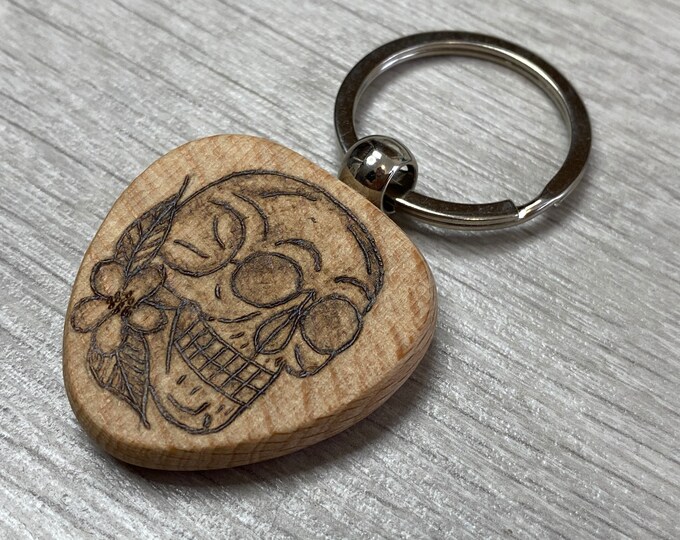 Flower Skull Wooden Pyrography Keychain - Etsy