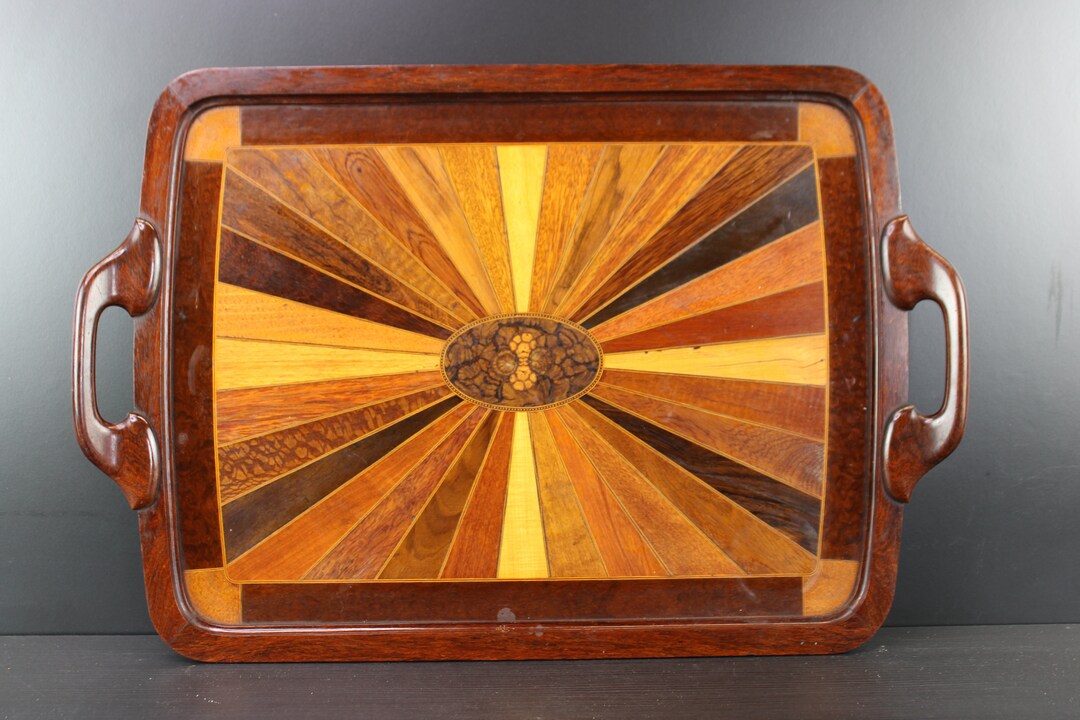 A Vintage Inlayed Wooden Serving Tray Platter. - Etsy