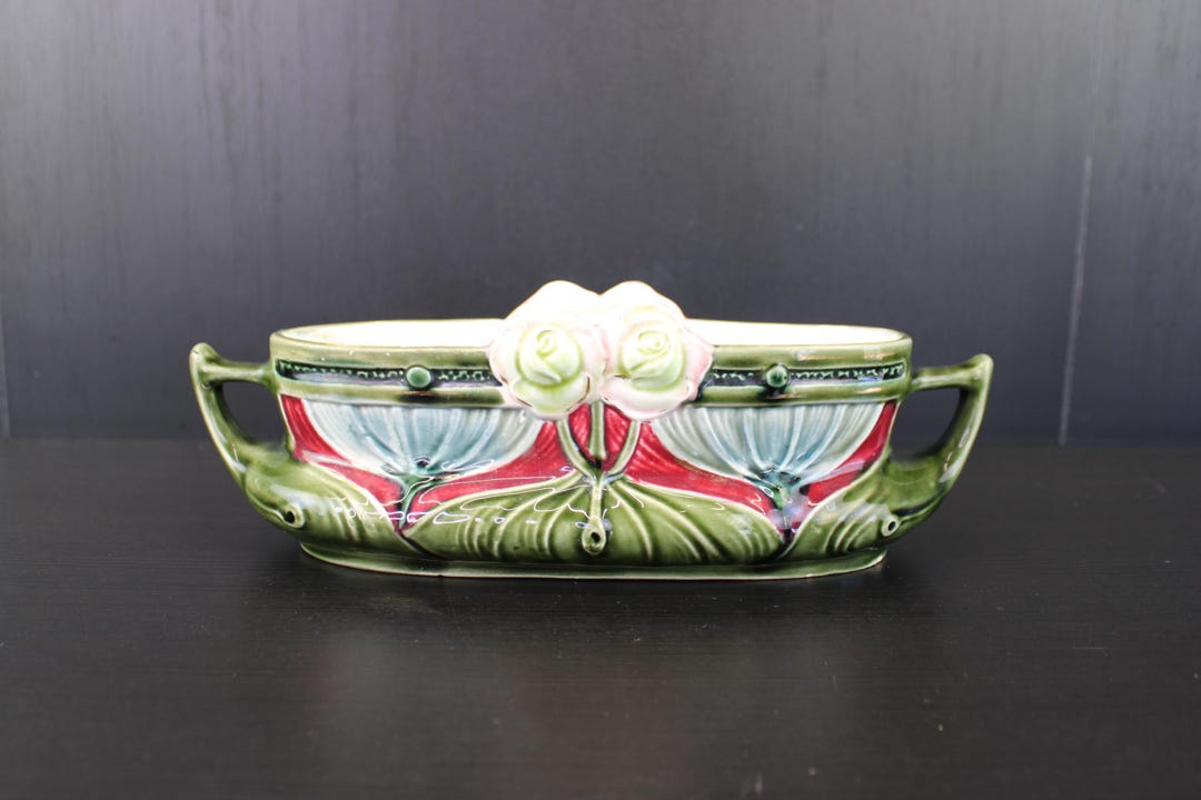 Art Nouveau Floral Majolica Barbotine Centerpiece Flower Dish ...