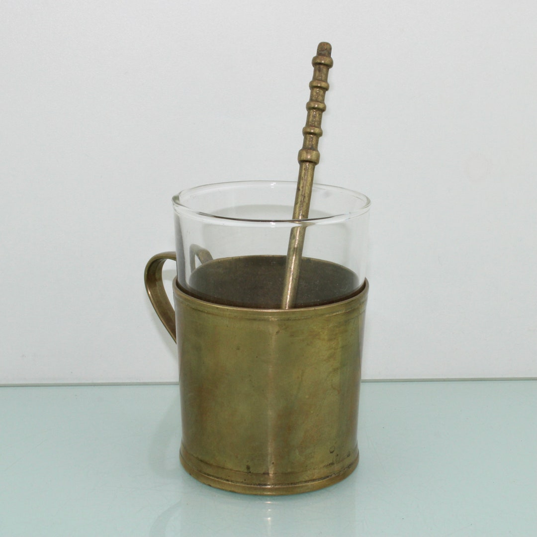 Vintage Brass Cup With Glass Insert and Spoon. - Etsy