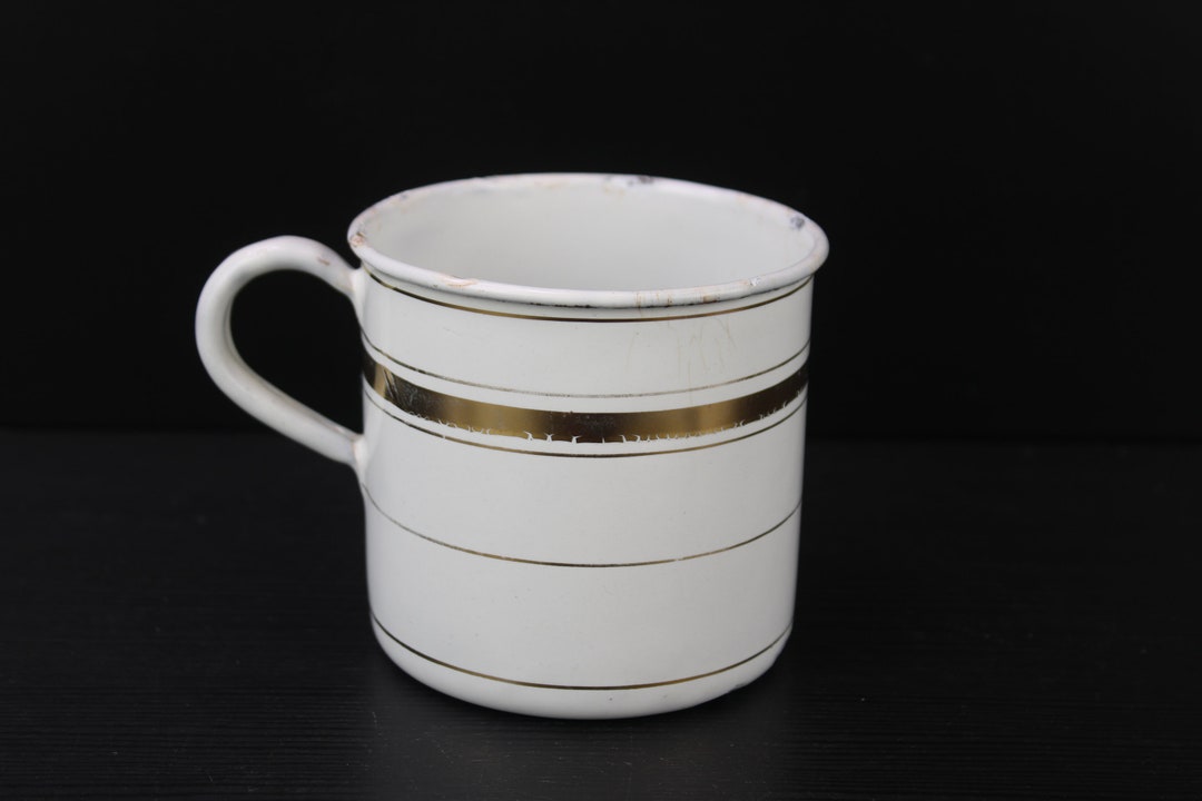 Antique White Enamel With Gold Lines Drinking Mug Cup. - Etsy