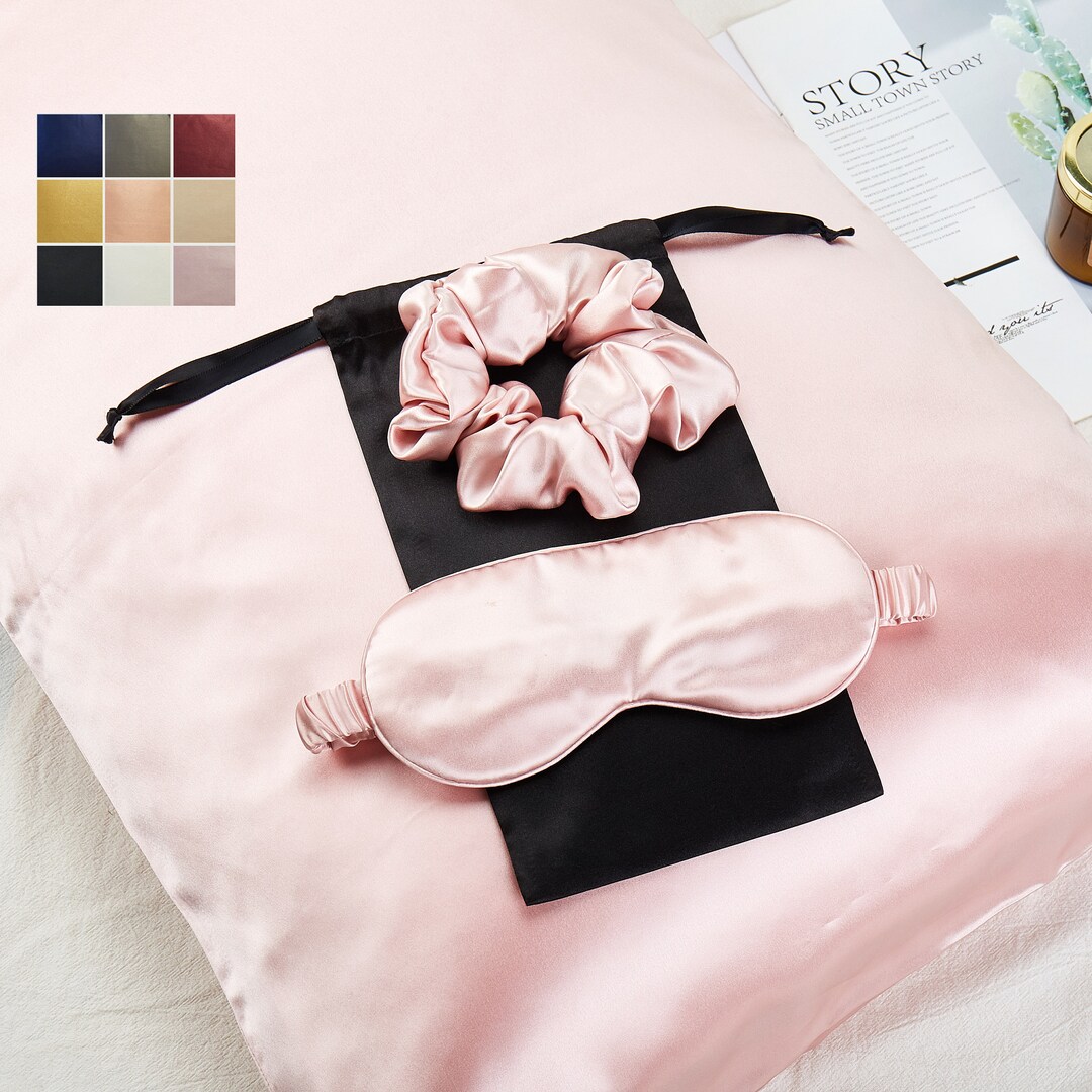 Gift Set: Pure Mulberry Silk Pillowcase, Eye Mask and Scrunchies | Standard, Queen & King | 22 ...