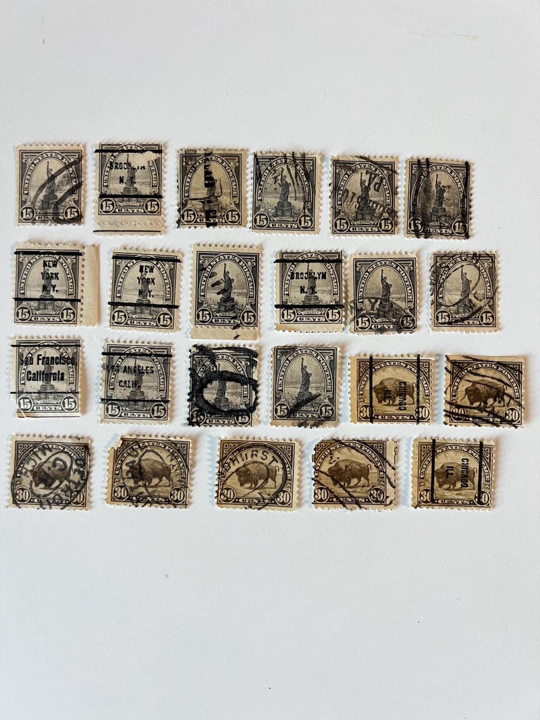 Vintage Stamps 15 Cent Statue of Liberty and 30 Cent Bison (buffalo) - Etsy