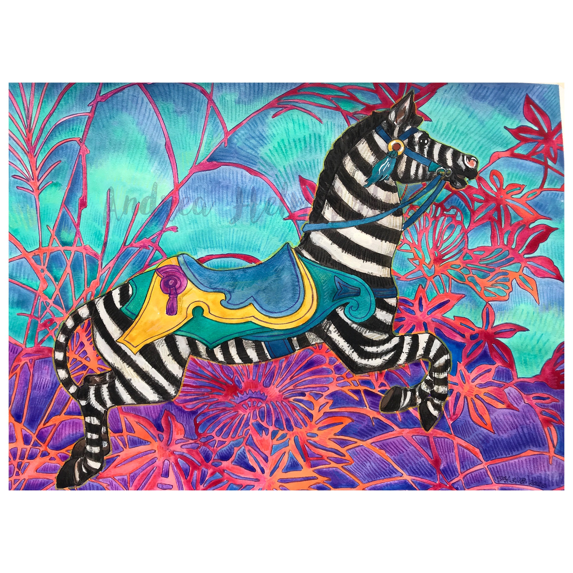 Carousel Zebra Original Watercolor Painting | Zebra Wall Art | Colorful ...