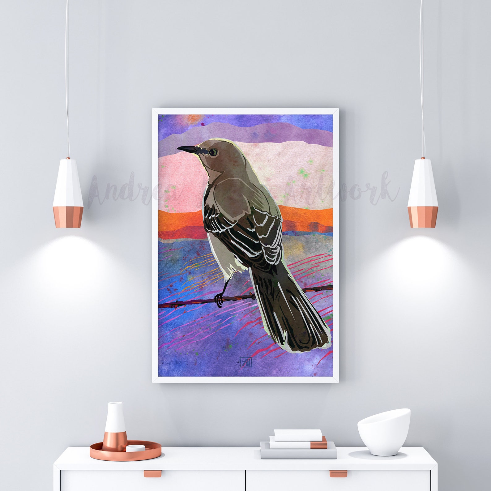 Mockingbird on a Wire Fence Evening Sunset Texas State - Etsy