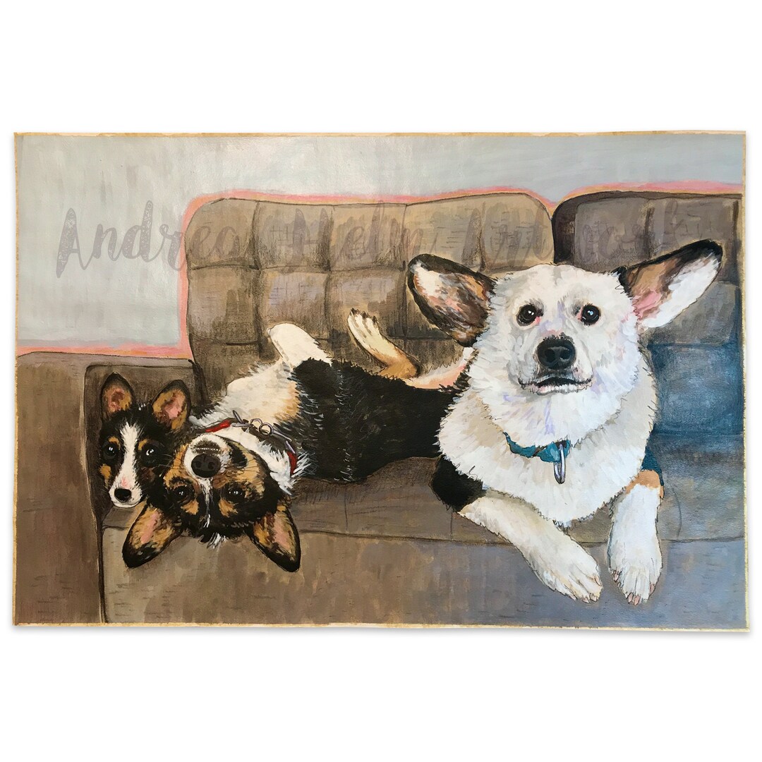 Corgi Family Portrait | Three Corgis on a Couch - Original Watercolor ...