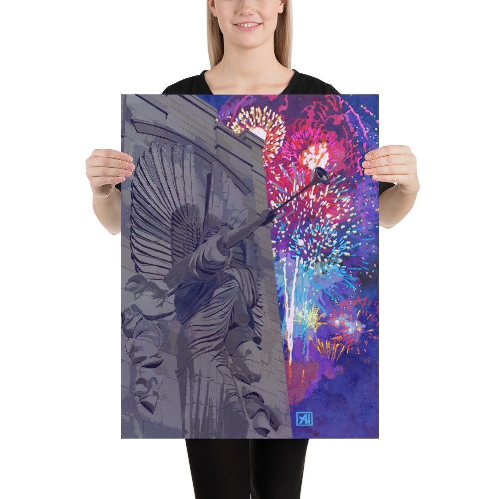 Bass Hall Angel Watercolor Art Print - Night Sky Fireworks | Fort Worth ...