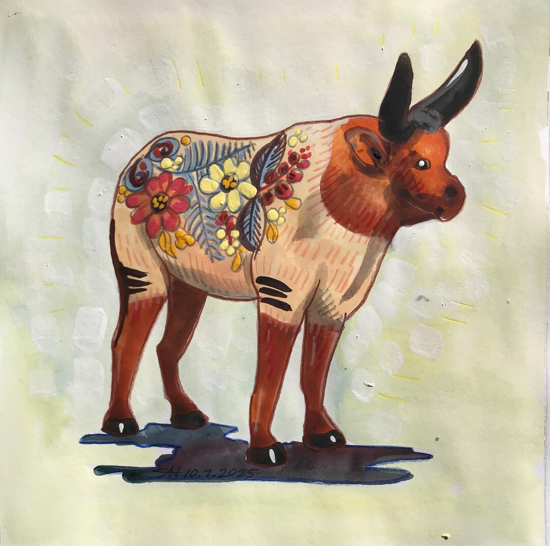 Mexican Folk Art Clay Ox With Floral Decoration - 8x8 Small Original ...