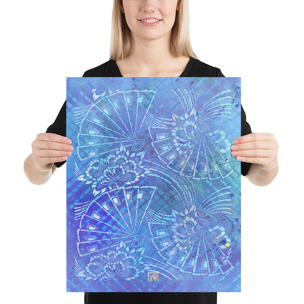 Beautiful Blue Fans Japanese Stencil Print - Sky Blue Multi | Japanese ...