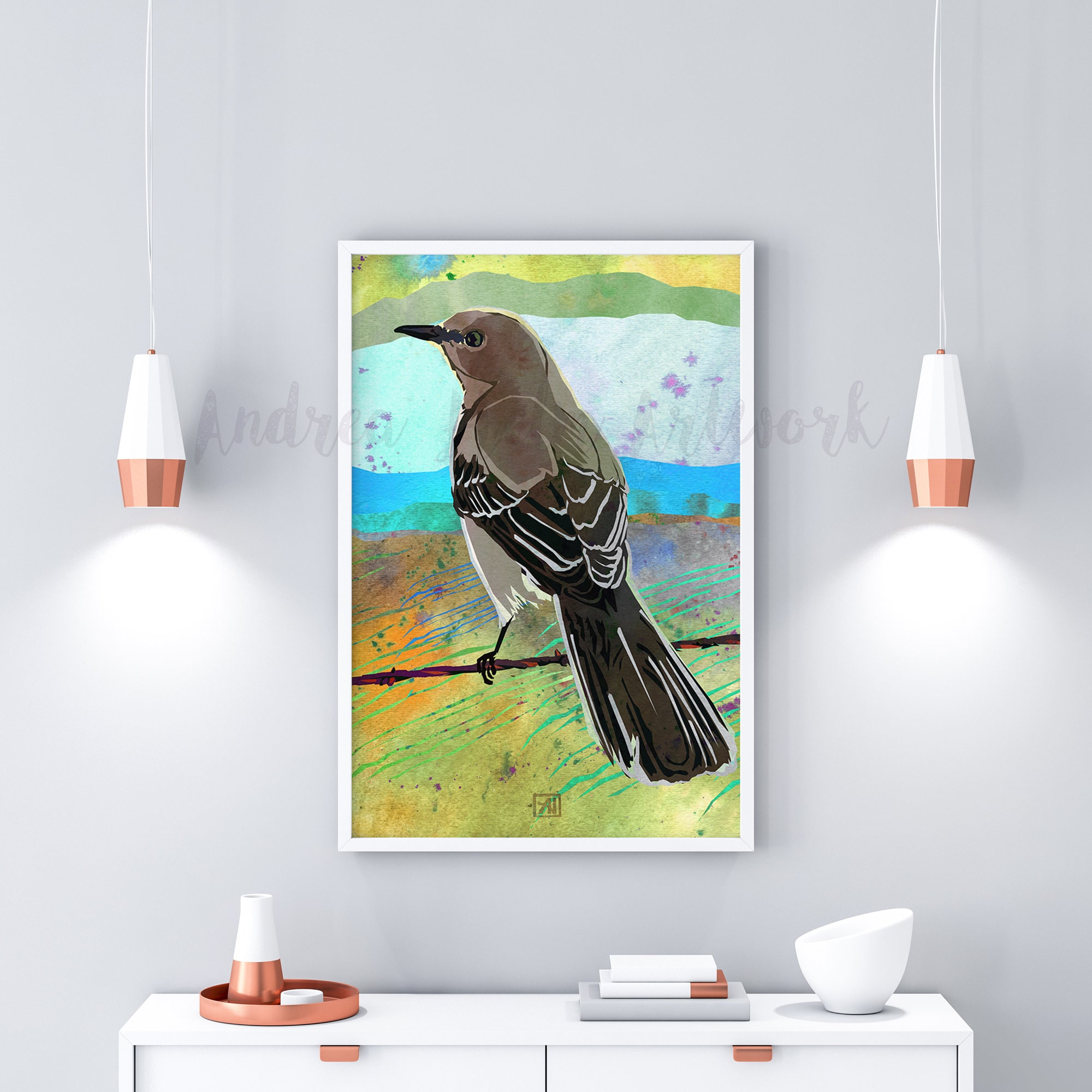 A Mockingbird's Morning Texas State Bird Art Watercolor Bird Print ...
