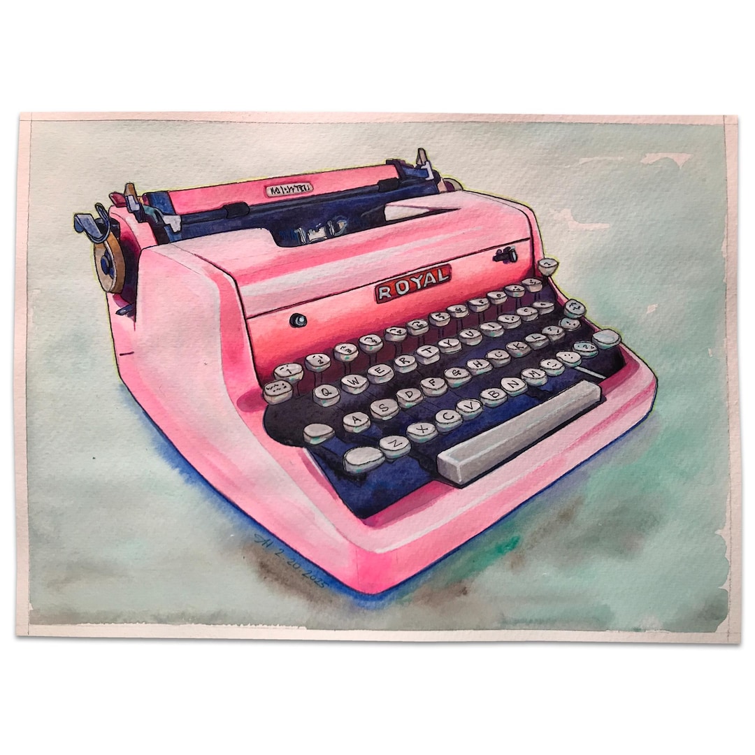 Retro Pink Typewriter Original Watercolor Painting: Mid-century Modern ...