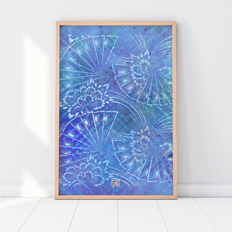 Beautiful Blue Fans Japanese Stencil Print - Sky Blue Multi | Japanese ...