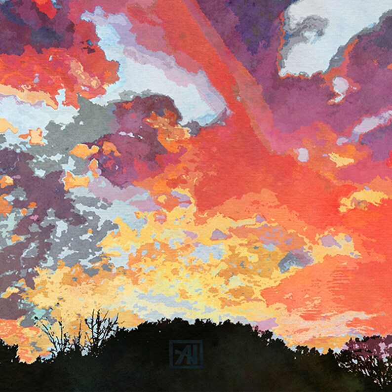 Cloud Collision Watercolor Sunset Art Print | Dramatic Sunset Colorful ...