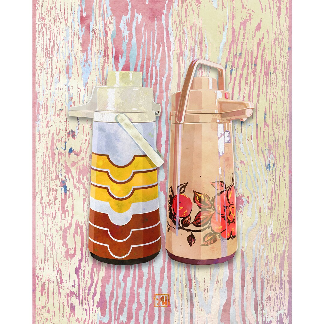 NEW Vintage Kitschy Coffee Thermos Art Print 2 Peach and Rust Retro ...