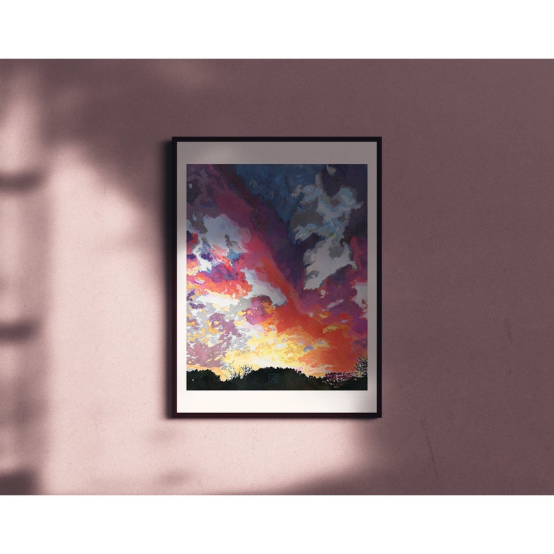 Cloud Collision Watercolor Sunset Art Print | Dramatic Sunset Colorful ...