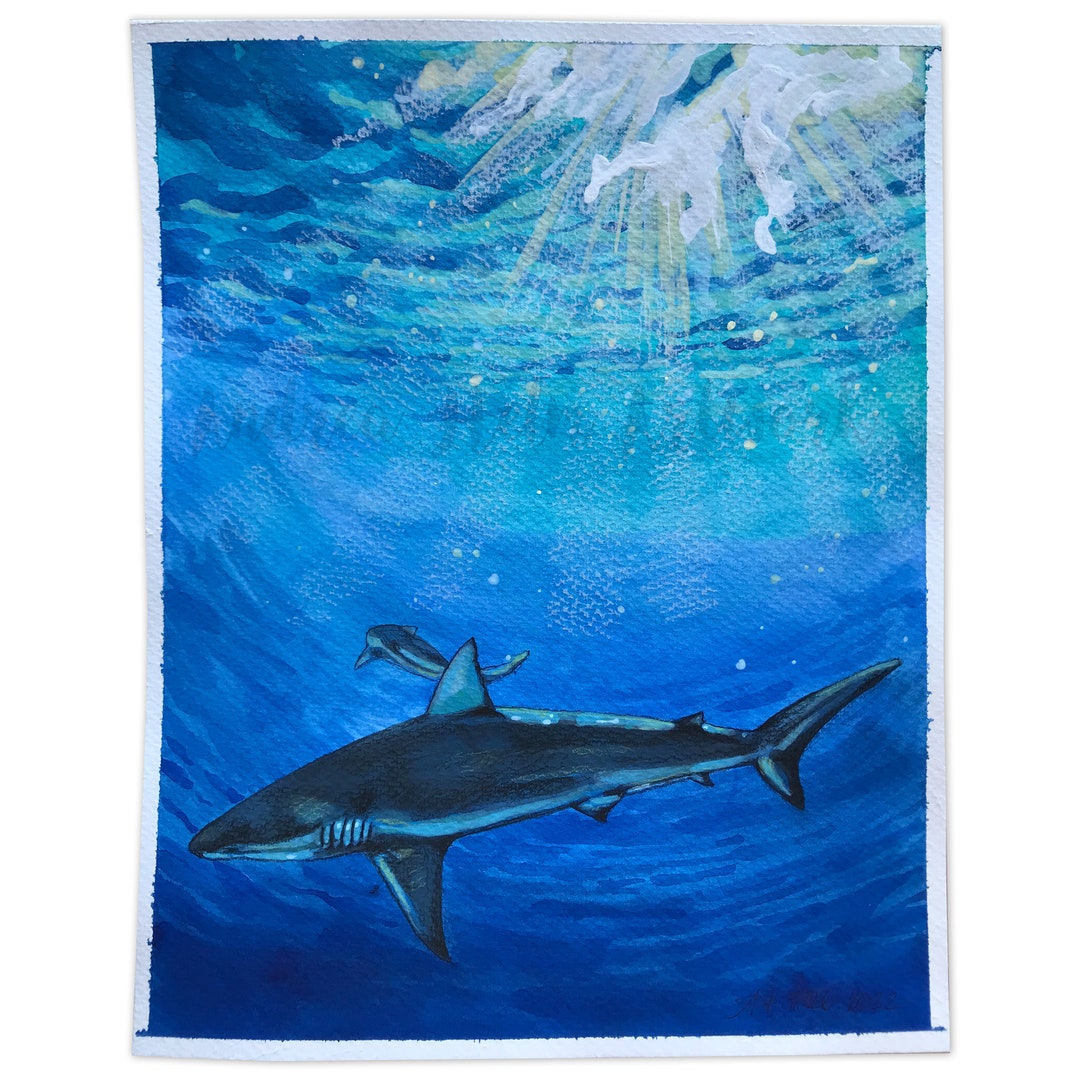 Tiger Shark Watercolor Painting | Deep Blue Ocean Coastal Wall Art ...