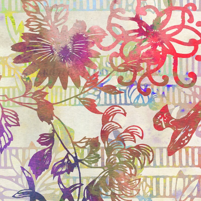 Late Summer Floral Tangle Japanese Stencil Print - Pink Green Multi ...
