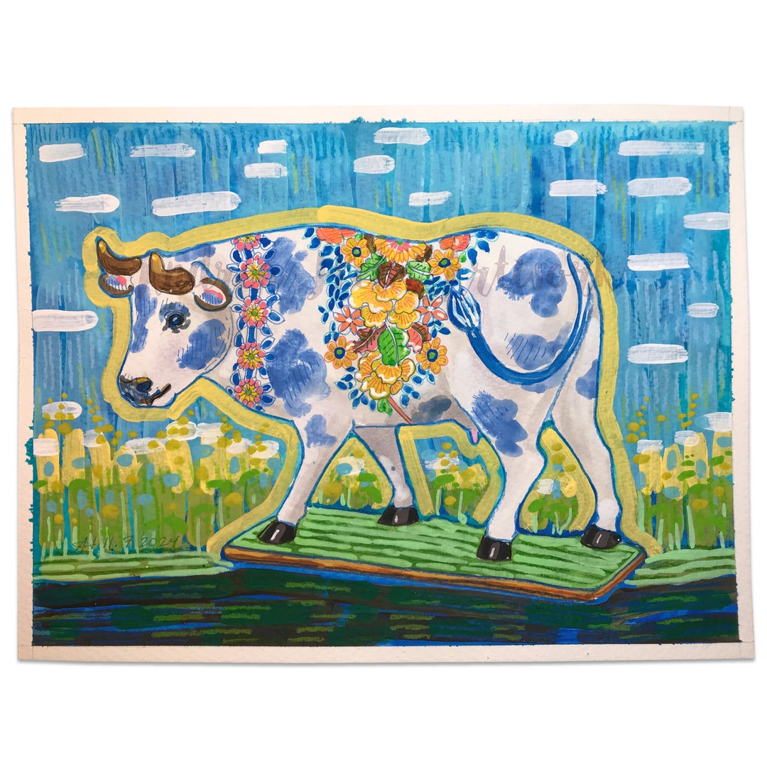 Faith the Faience Milk Cow - Original Folk Art Watercolor Painting ...