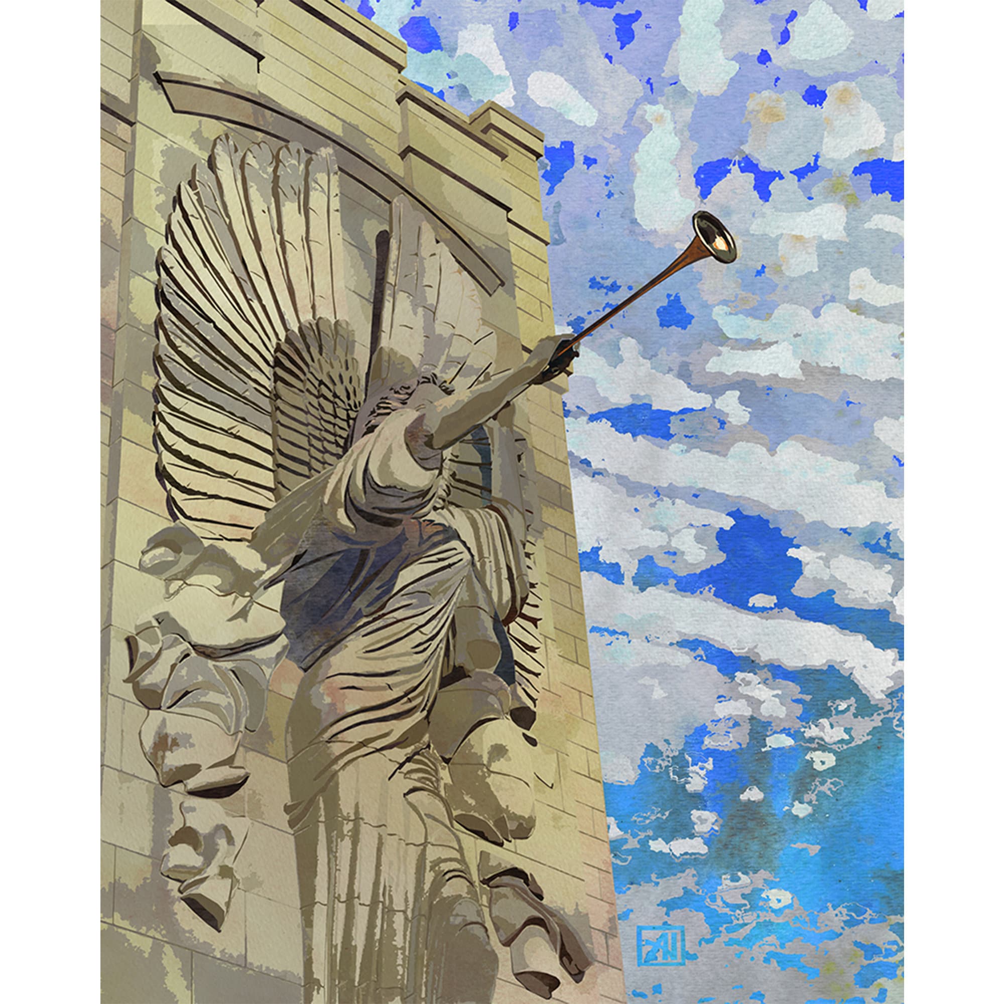 Bass Hall Angel Watercolor Art Print - Blue Morning Sky | Fort Worth ...