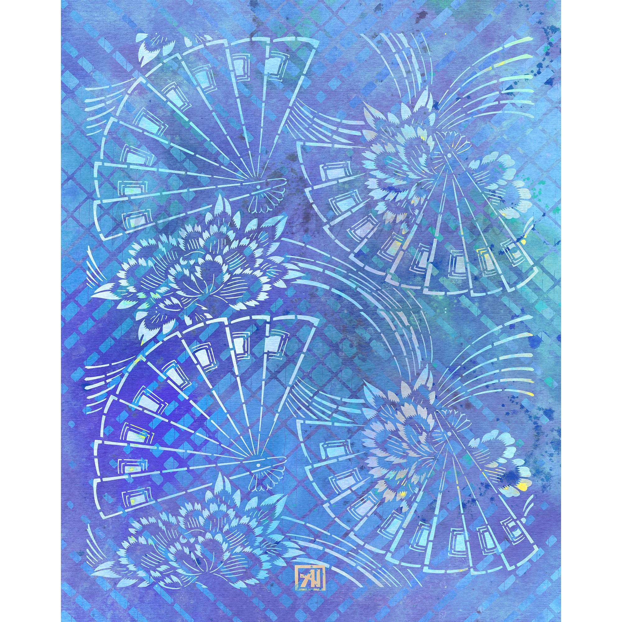 Beautiful Blue Fans Japanese Stencil Print - Sky Blue Multi | Japanese ...
