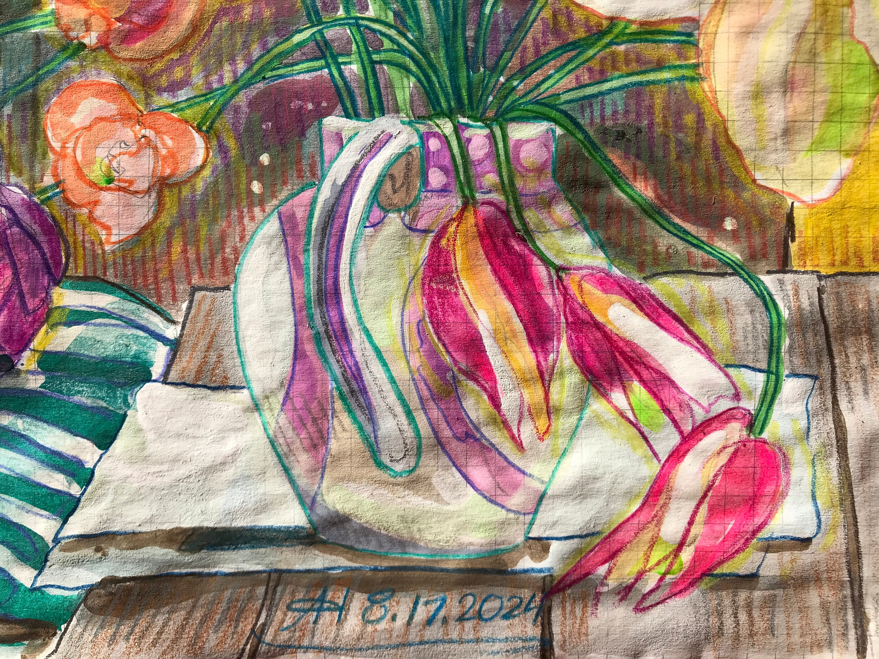 Original Room Interior Watercolor Painting | Colorful Tulip Flowers in ...