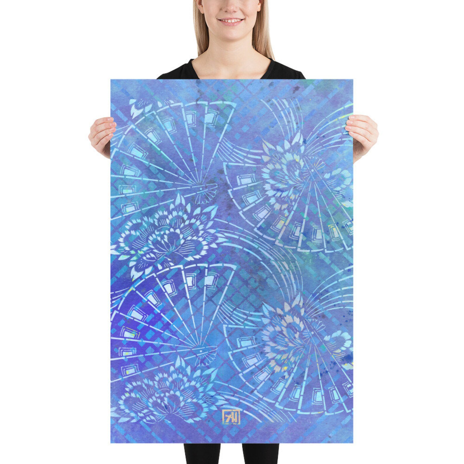 Beautiful Blue Fans Japanese Stencil Print - Sky Blue Multi | Japanese ...