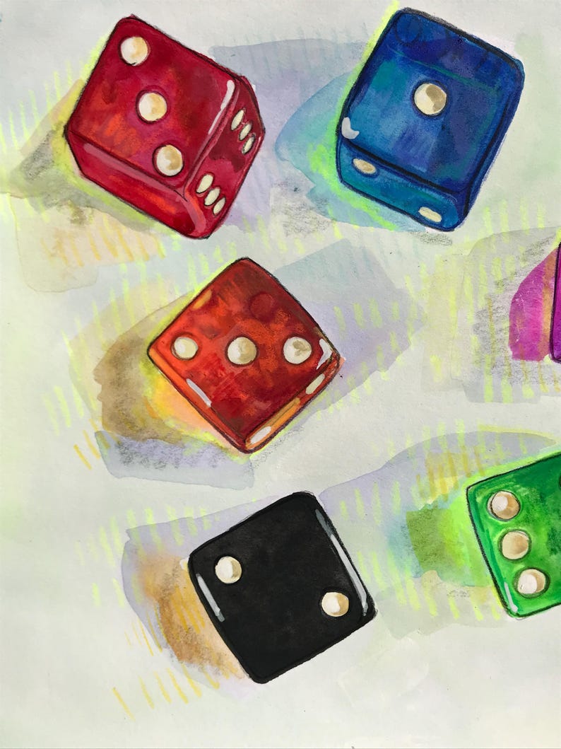 Vintage Bakelite Dice 8x8 Original Watercolor Painting: Retro Game Room ...