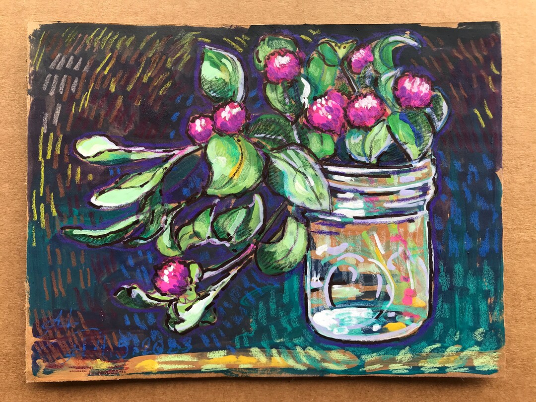 Purple Globe Amaranth Paint Sketch on Cardboard | Modern Floral Art - Etsy