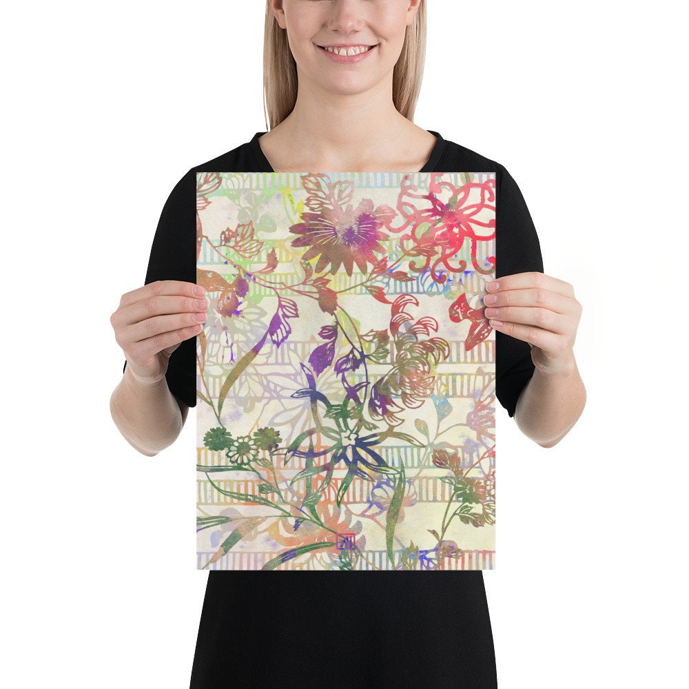 Late Summer Floral Tangle Japanese Stencil Print - Pink Green Multi ...