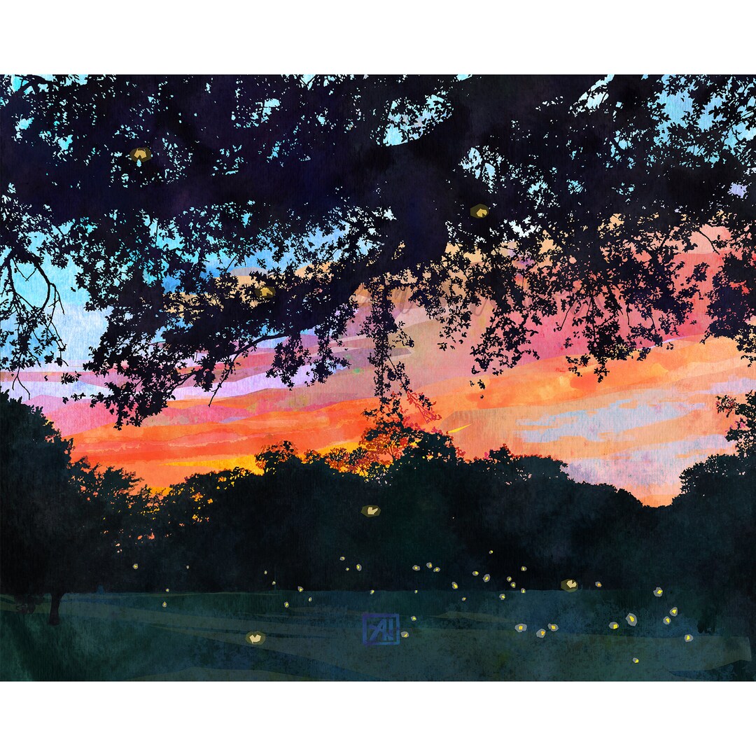Fireflies at Sunset - Fireflies Art Print | Colorful Sunset Landscape ...
