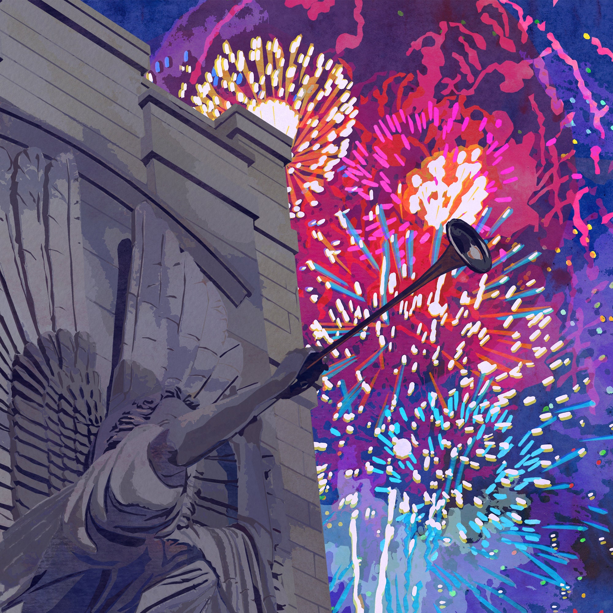 Bass Hall Angel Watercolor Art Print - Night Sky Fireworks | Fort Worth ...