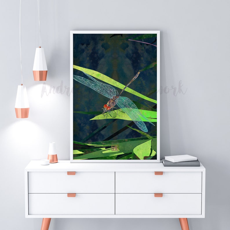 Green Dragonfly Pond Illustration Watercolor Dragonfly Art - Etsy