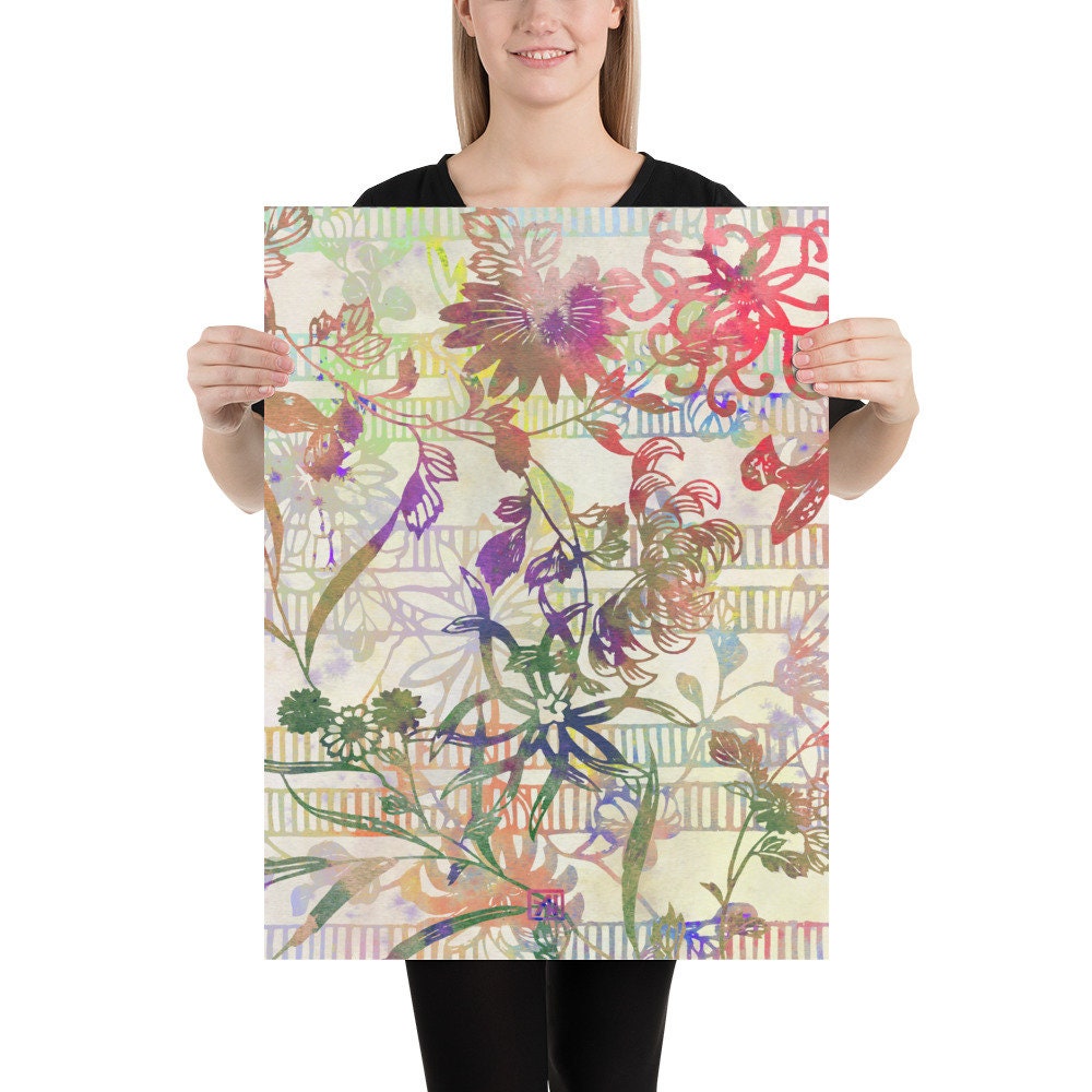 Late Summer Floral Tangle Japanese Stencil Print - Pink Green Multi ...