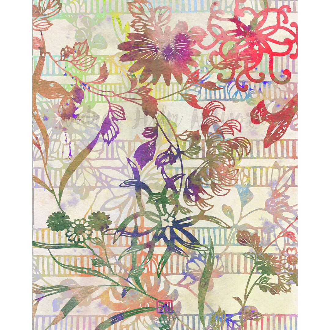 Late Summer Floral Tangle Japanese Stencil Print - Pink Green Multi ...