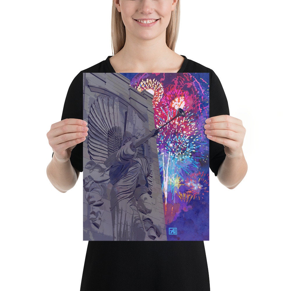 Bass Hall Angel Watercolor Art Print - Night Sky Fireworks | Fort Worth ...