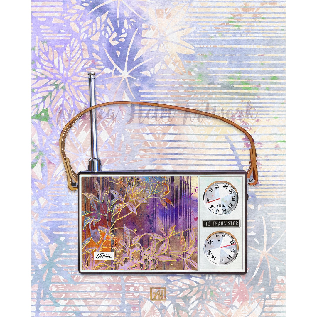 Retro Toshiba Radio Art Print With Brown and Lilac Japanese Stencils ...