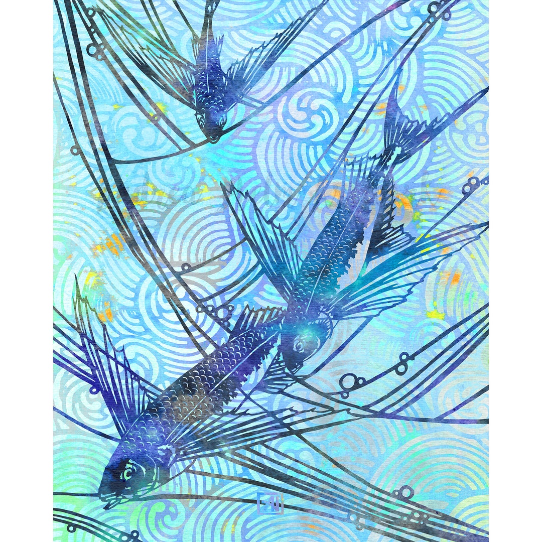 Japanese Flying Fish Stencil Print - Navy Blue Turquoise Multi ...