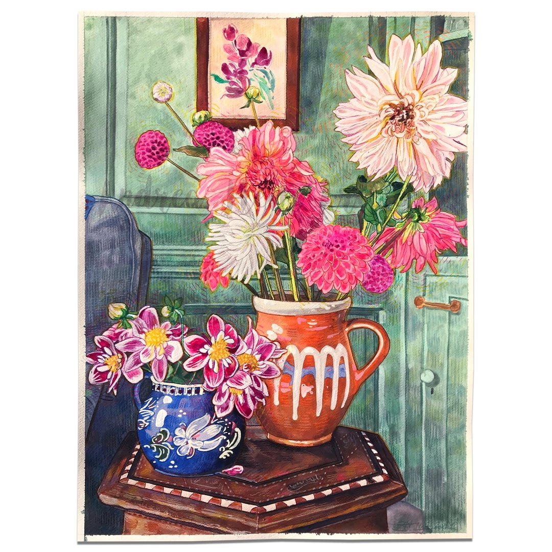 Dahlias in Bloom - Pink Floral Watercolor Portrait | Inspired by ...