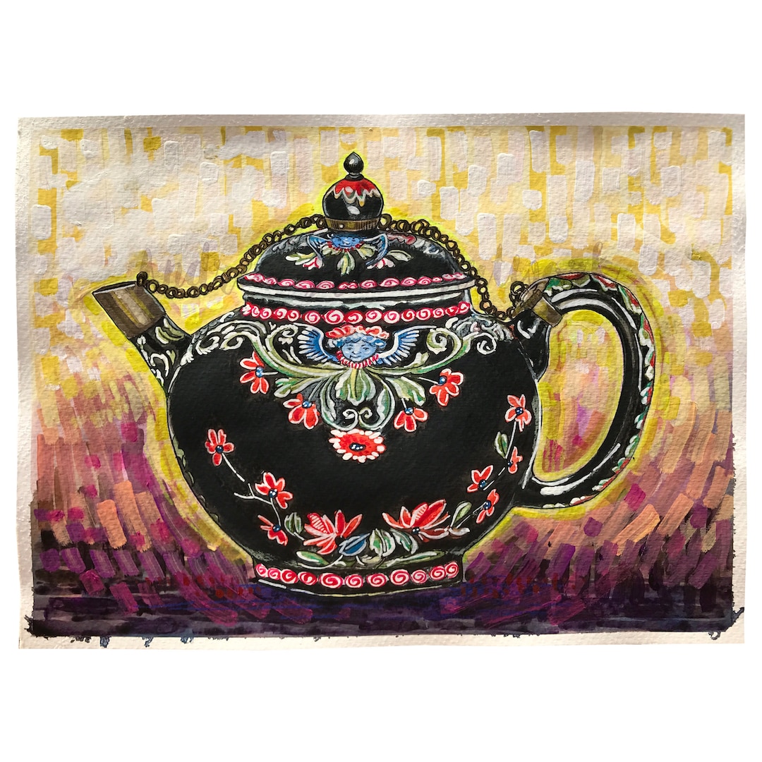 Antique Teapot Painting #14 | Black Floral Faience Teapot | Original ...